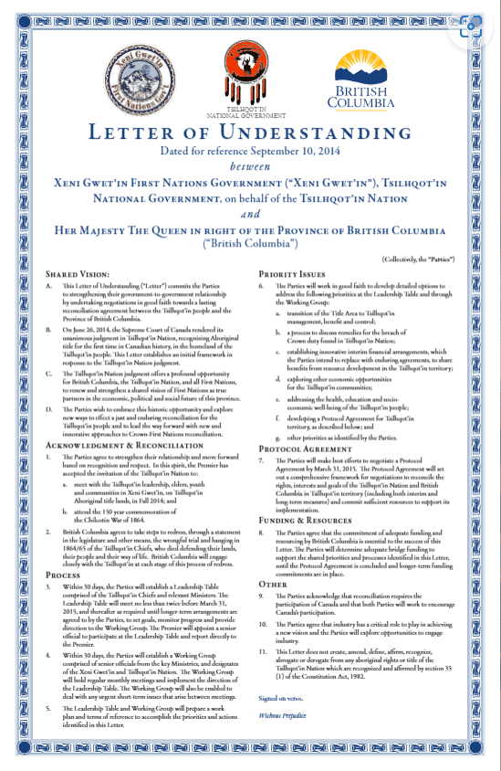 BC Letter of Understanding - Tŝilhqot’in National Government
